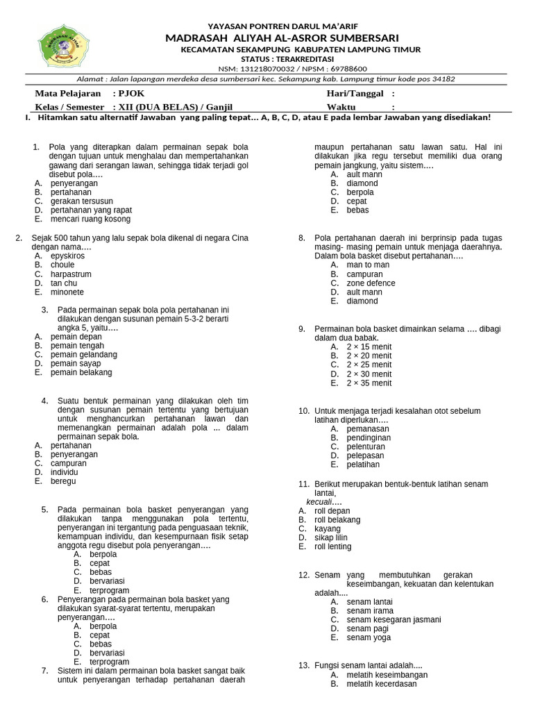 Soal Pjok Ganjil KLS Xii | PDF