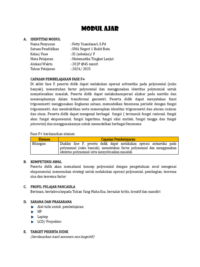 Modul Ajar Polinomial | PDF