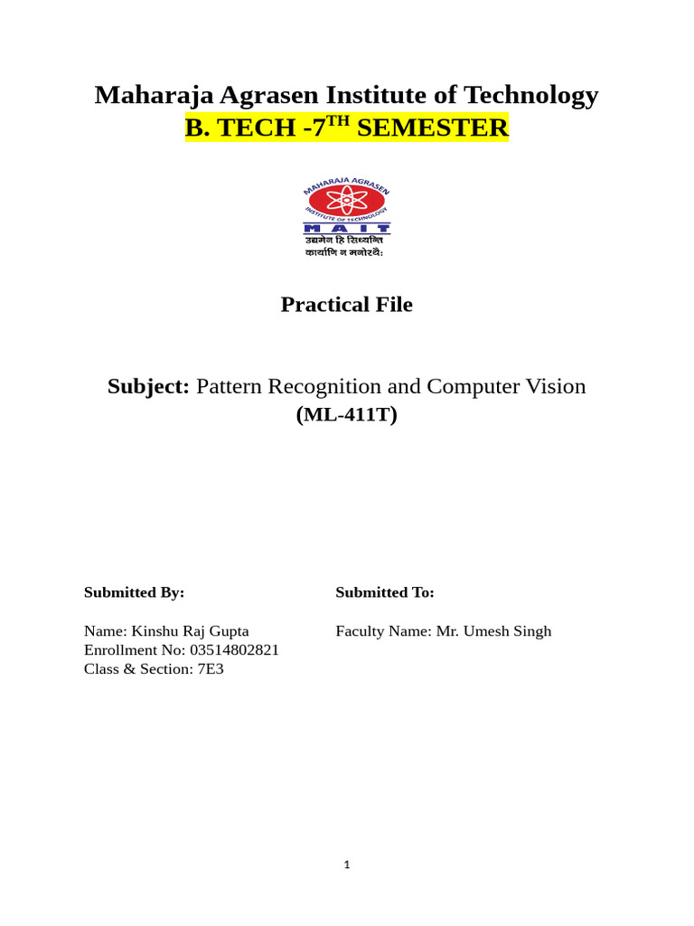 Kinshu Pattern Recognition and Computer Vision Pracical file 7th sem | PDF | Support Vector ...
