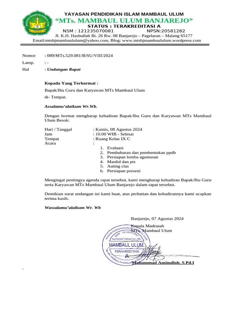 Surat Undangan Rapat Evaluasi | PDF