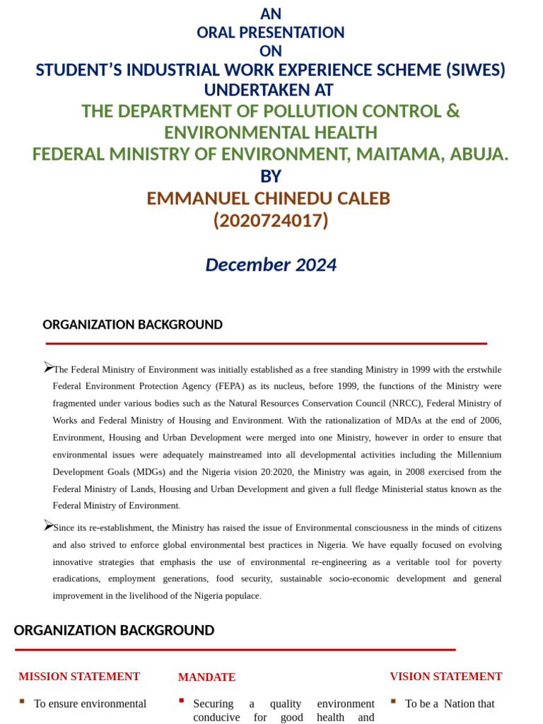 Caleb's Siwes Presentation | PDF | Water Purification | Filtration