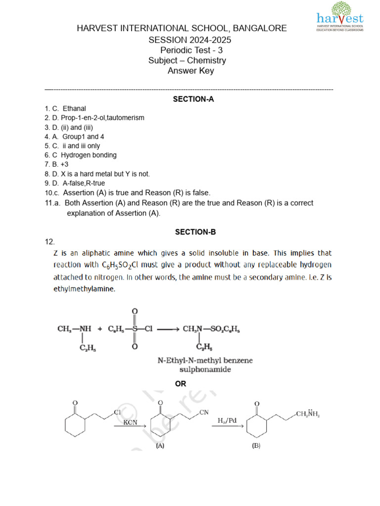 Chemistry Test Answer Key 2024-25 | PDF