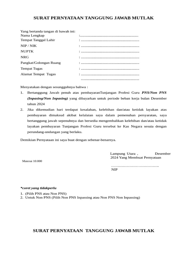 SPTJM TPG Dan Selisih Tukin - Tukin Desember 24 | PDF