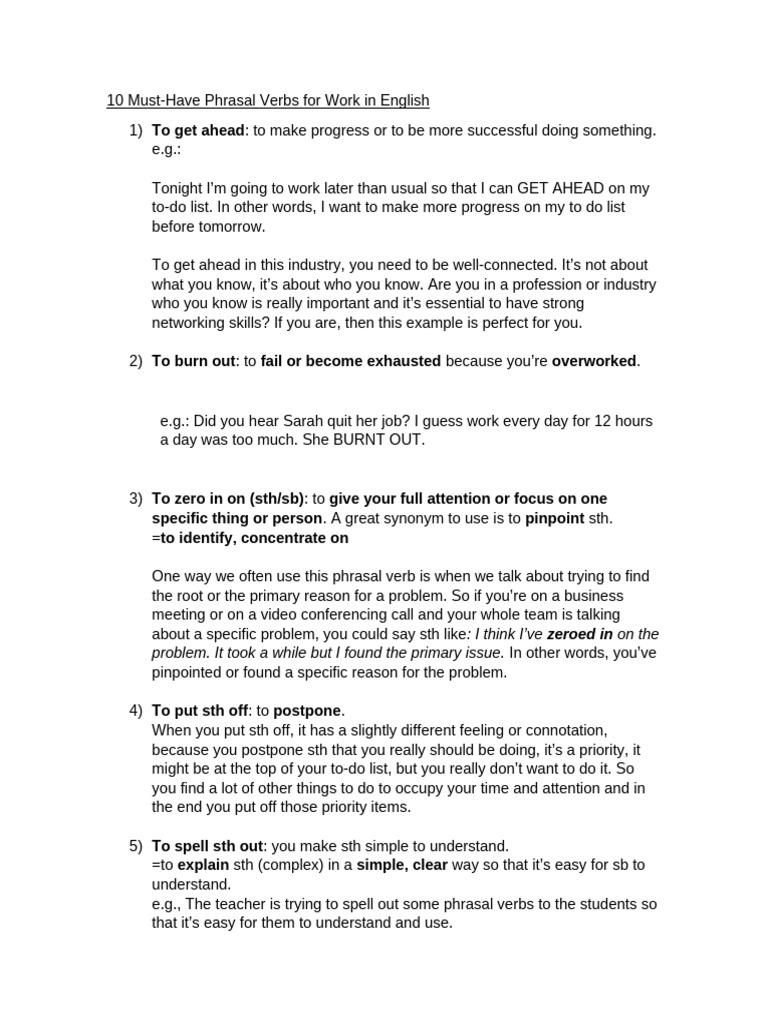 Essential Work Phrasal Verbs Guide | PDF | Linguistics