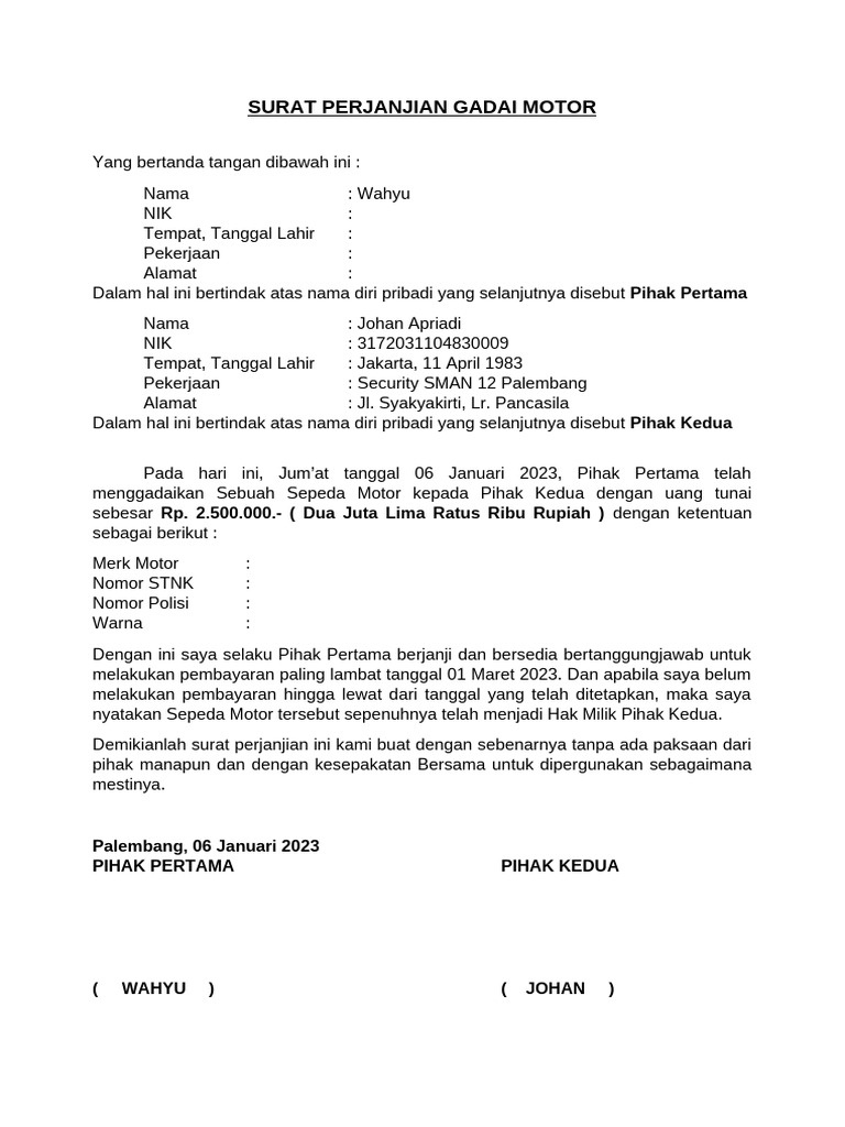 SURAT PERJANJIAN GADAI MOTOR | PDF