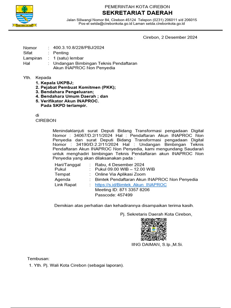 UNDANGAN BIMTEK INAPROC | PDF