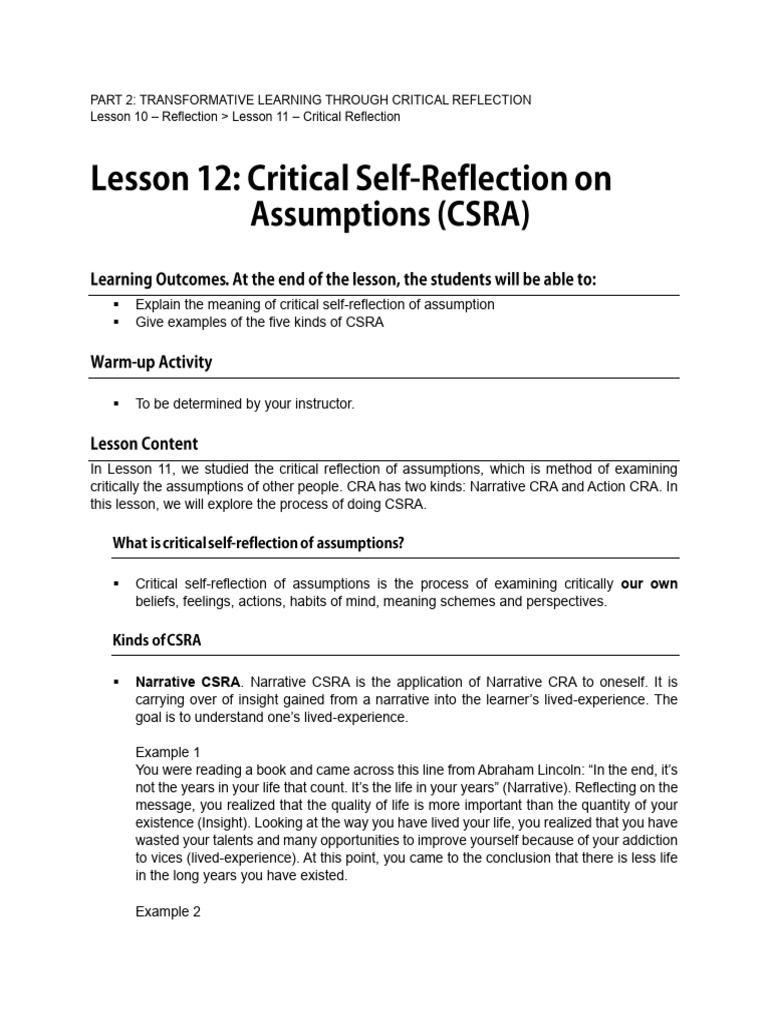 Understanding Critical Self-Reflection | PDF | Narrative | Behavioural ...