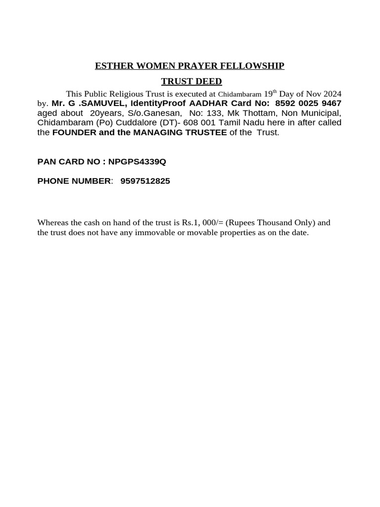 Esther Women Prayer Fellowship Trust Deed | PDF | Bible | Taxes