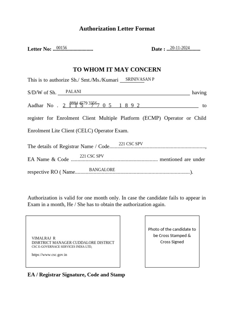 Authorization Letter Format Adhaar Exam Edit | PDF