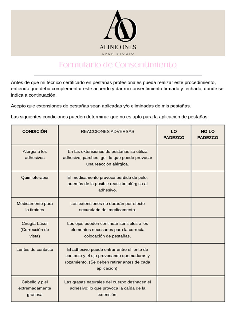Formulario de Consentimiento: Aline Onls | PDF | Alergia | Medicina CLINICA