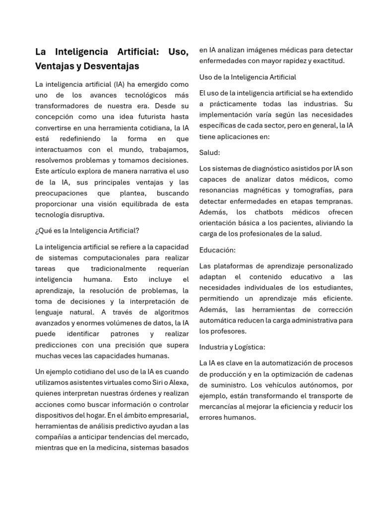 La Inteligencia Artificial Uso, Ventajas y Desventajas | PDF | Inteligencia artificial ...