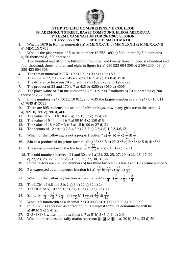 2024-2025 MATHS JSS 1-3nwwwww | PDF | Arithmetic | Mathematics