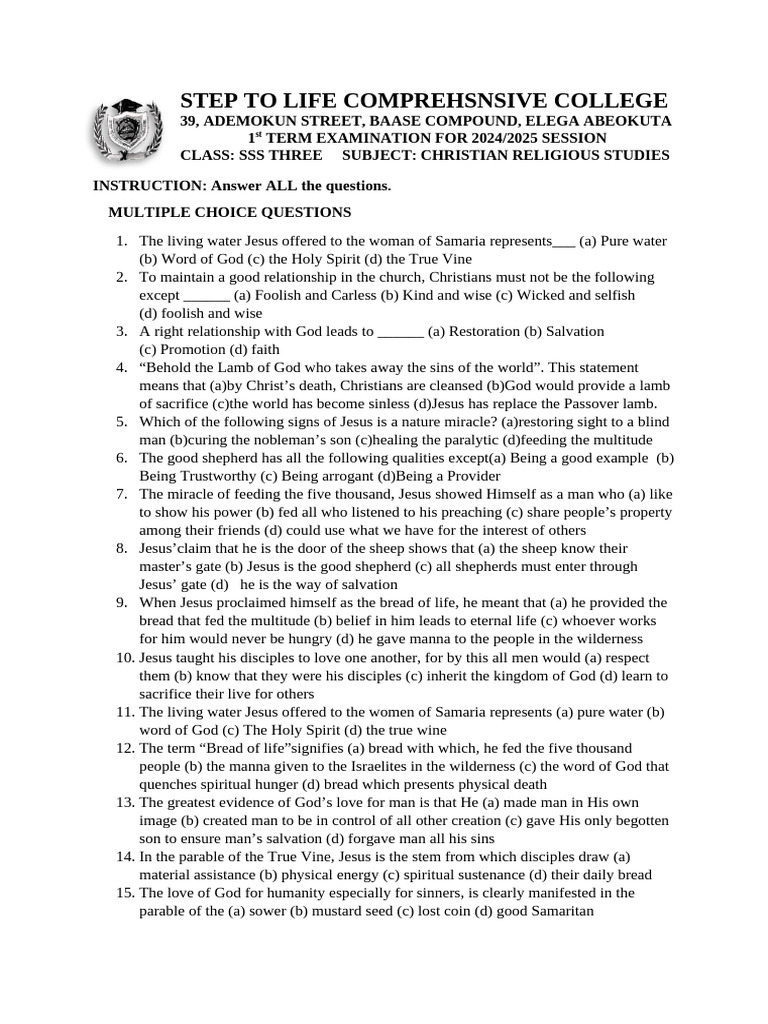 SSS 3 crs questions | PDF | Jesus | Salvation