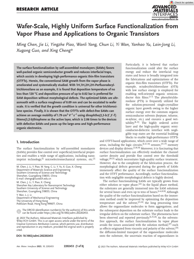 Adv Materials Inter - 2023 - Chen - Wafer Scale Highly Uniform Surface ...