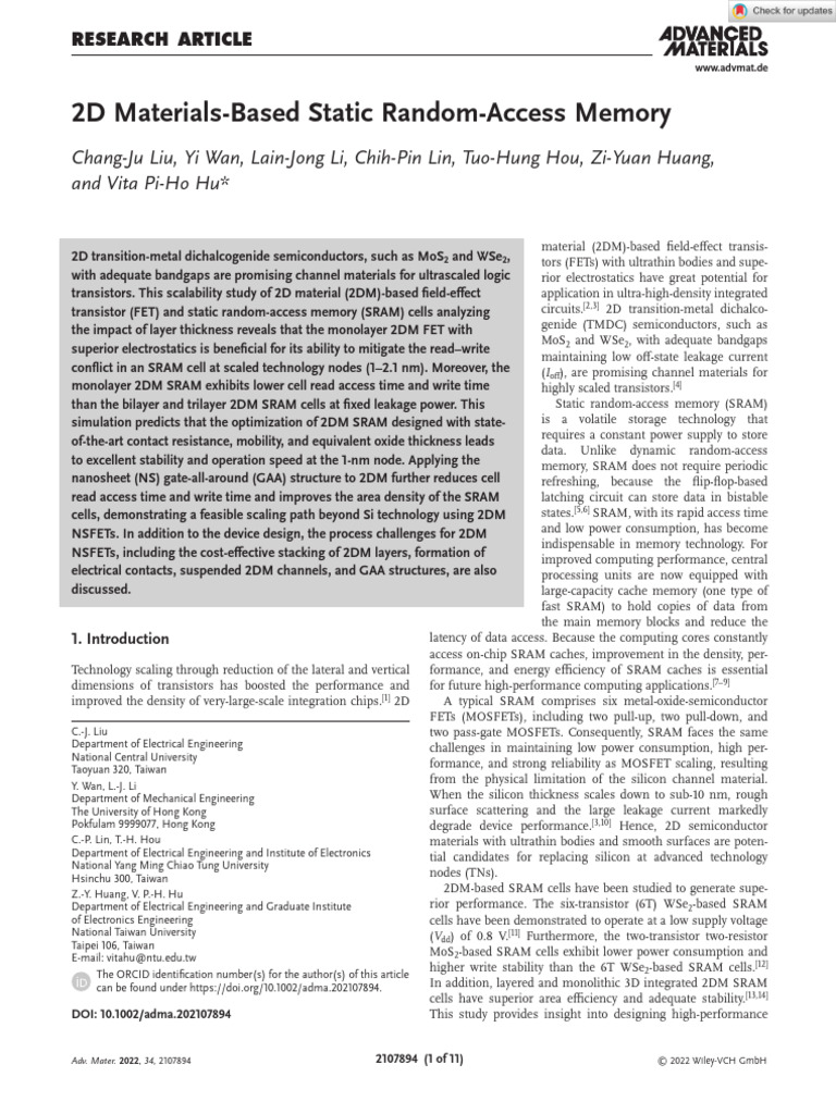 Advanced Materials - 2021 - Liu - 2D Materials Based Static Random Access Memory | PDF | Mosfet ...