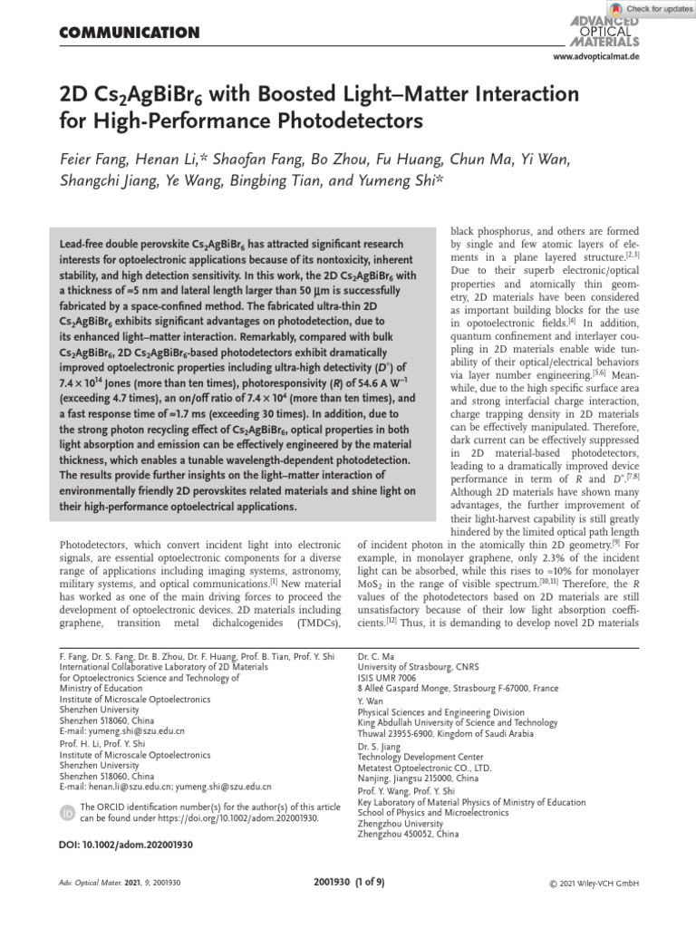 Advanced Optical Materials - 2021 - Fang - 2D Cs2AgBiBr6 With Boosted ...