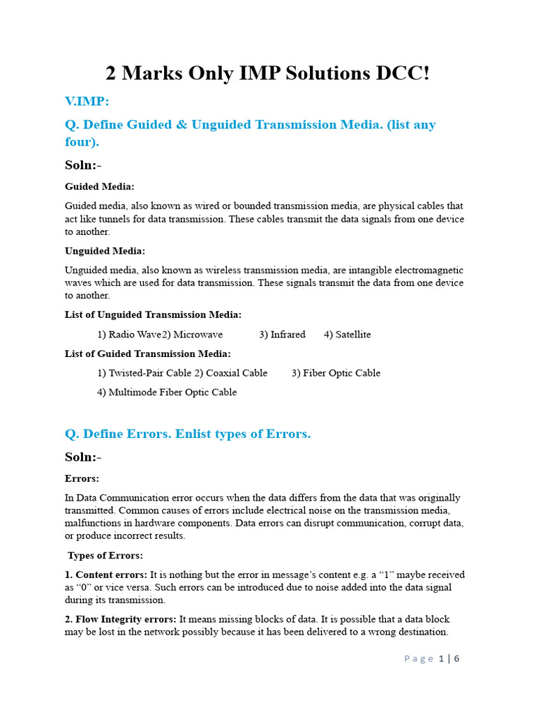 2 Marks Only IMP Solutions DCC | PDF | Transmission Medium | Computer Network