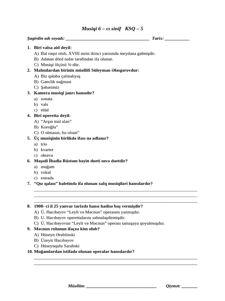 Musiqi 6 Cı Sinif KSQ - 5 - Kemale Haciyeva | PDF