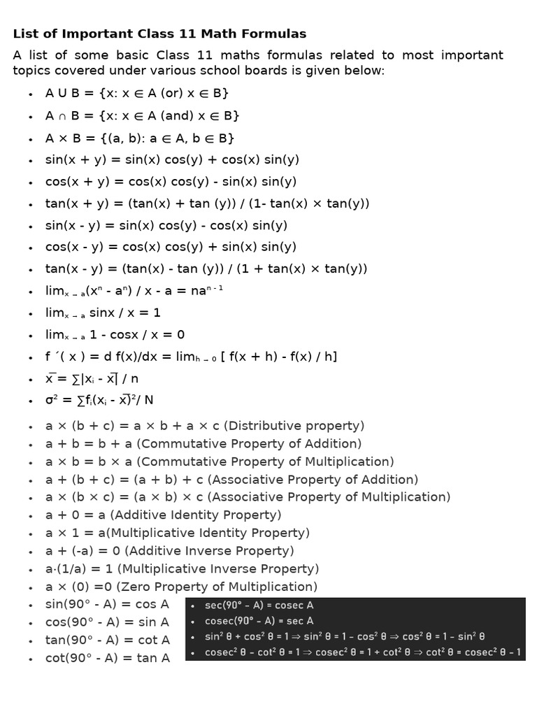 List of Important Class 11 Math Formulas | PDF | Equations | Mathematics