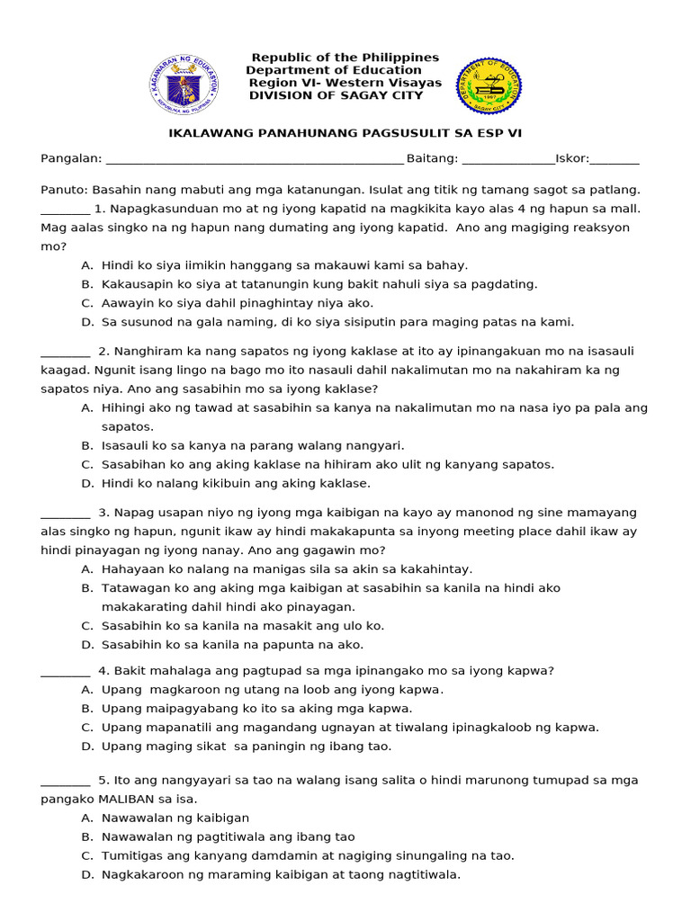 2nd Quarter Test in ESP6 2024 2025 | PDF