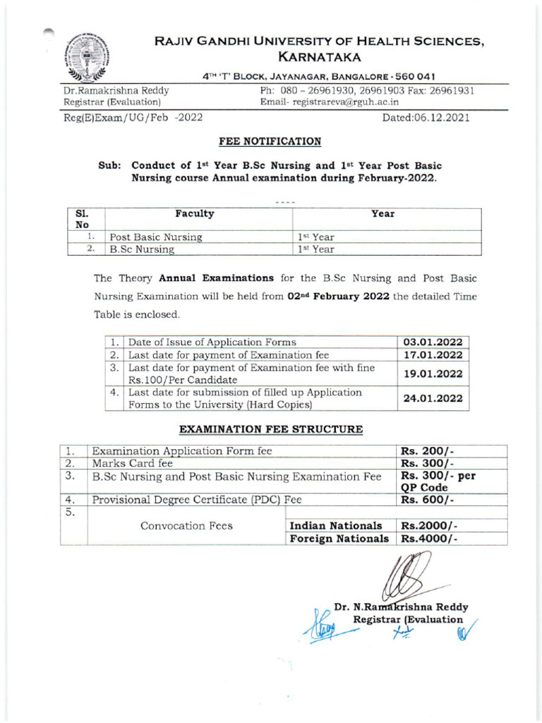 Notification and Time Table For The 1st Year B.SC Nursing and Post ...
