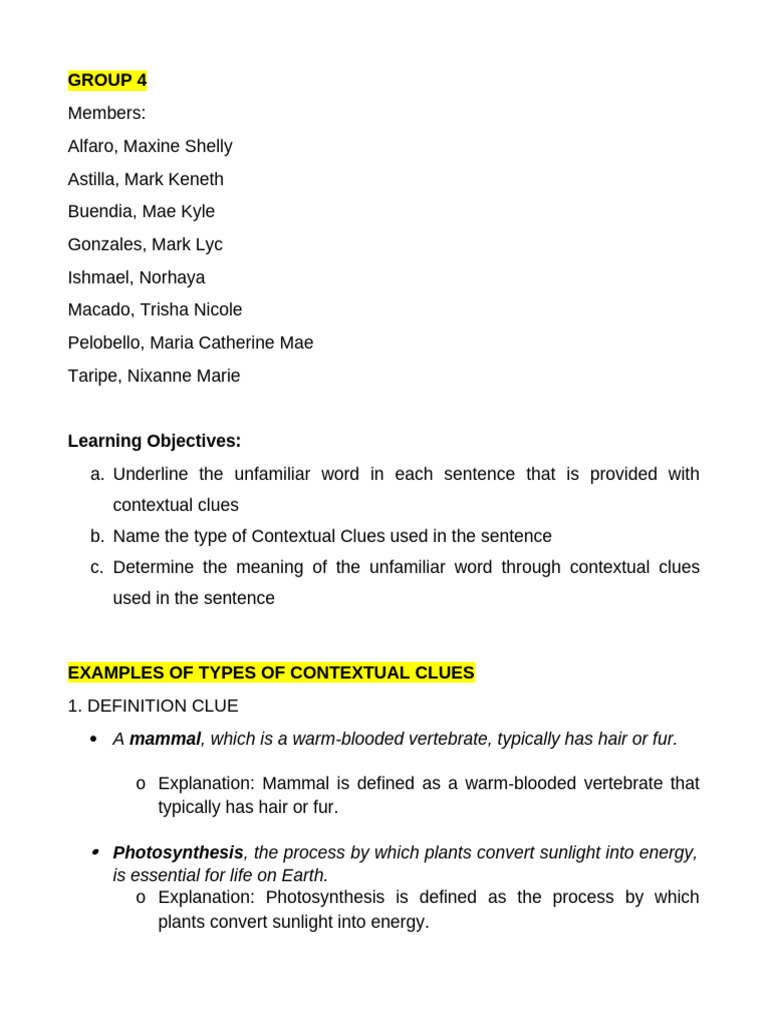 Contextual Clues Sample Sentences | PDF