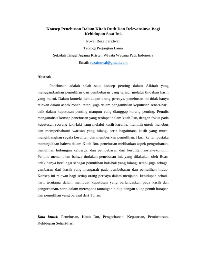 Konsep Penebusan Dalam Kitab Ruth Dan Makna Bagi Kehidupan Saat Ini ...