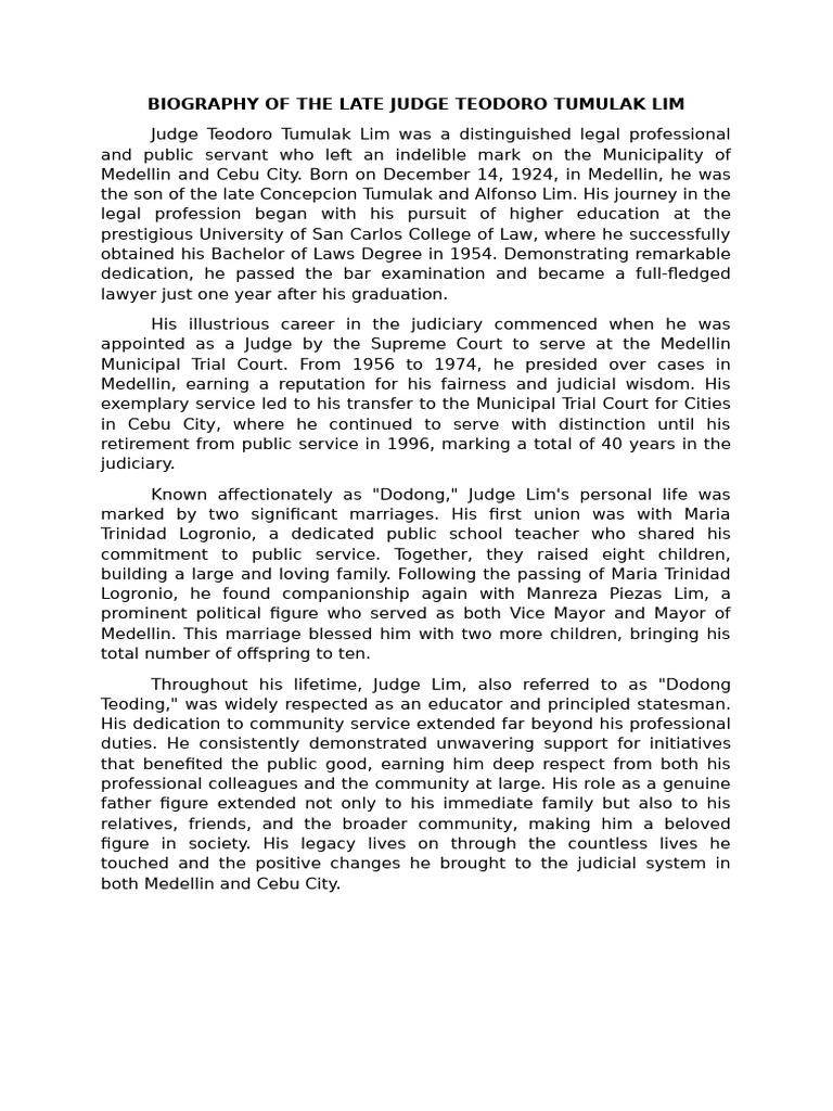 BIOGRAPHY OF THE LATE JUDGE TEODORO TUMULAK LIM | PDF | Public Law ...