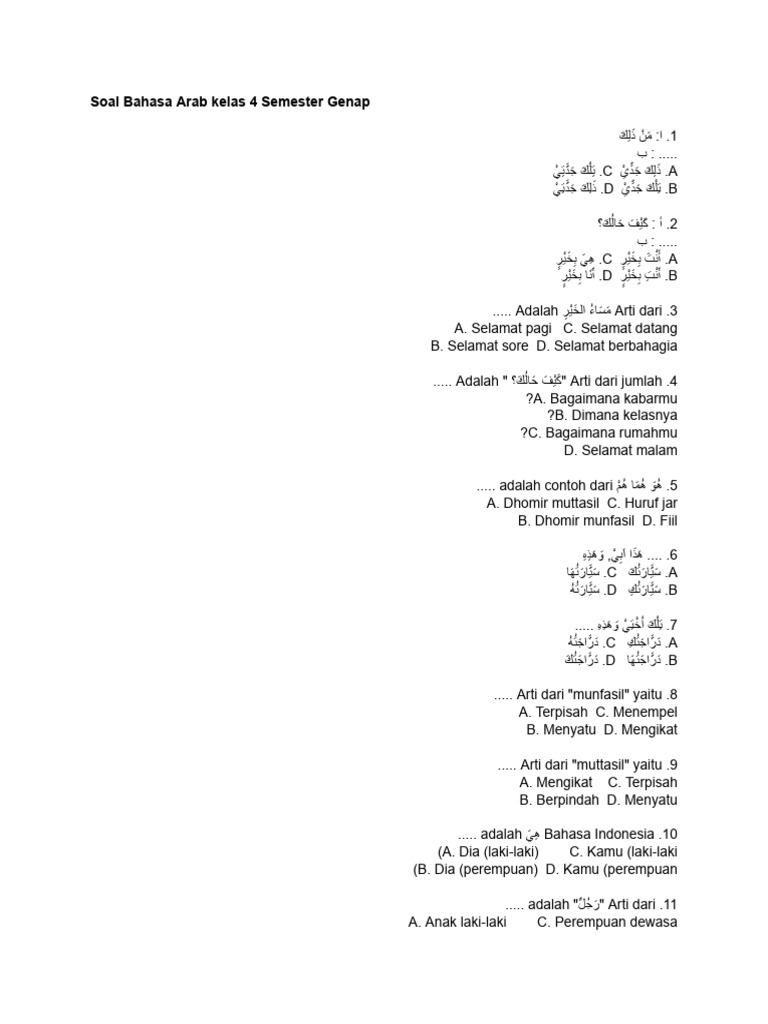 Soal Bahasa Arab Kelas 4 Semester Genap | PDF