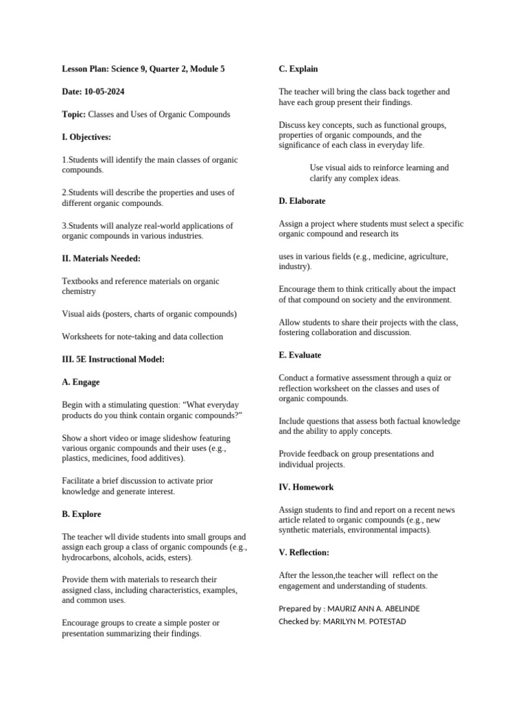 Lesson Plan FOR SCIENCE NOV. 4 | PDF | Lesson Plan | Organic Compounds