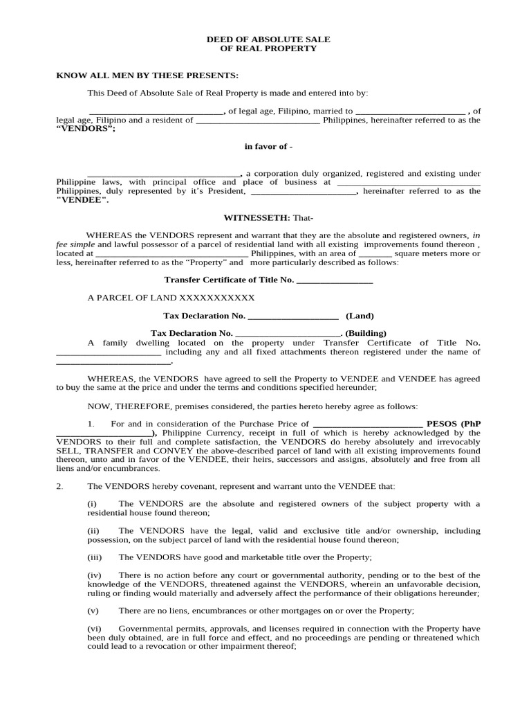 SAMPLE DEED OF ABSOLUTE SALE | PDF | Mortgage Law | Deed