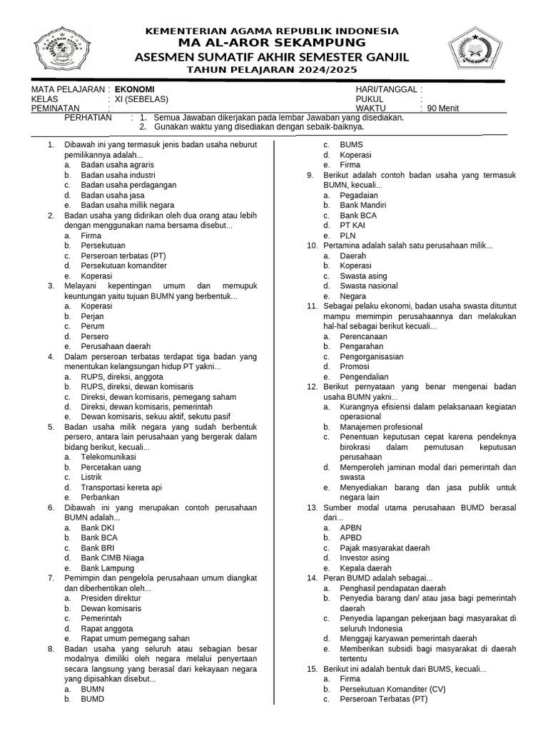 Soal Ekonomi Kelas Xi | PDF