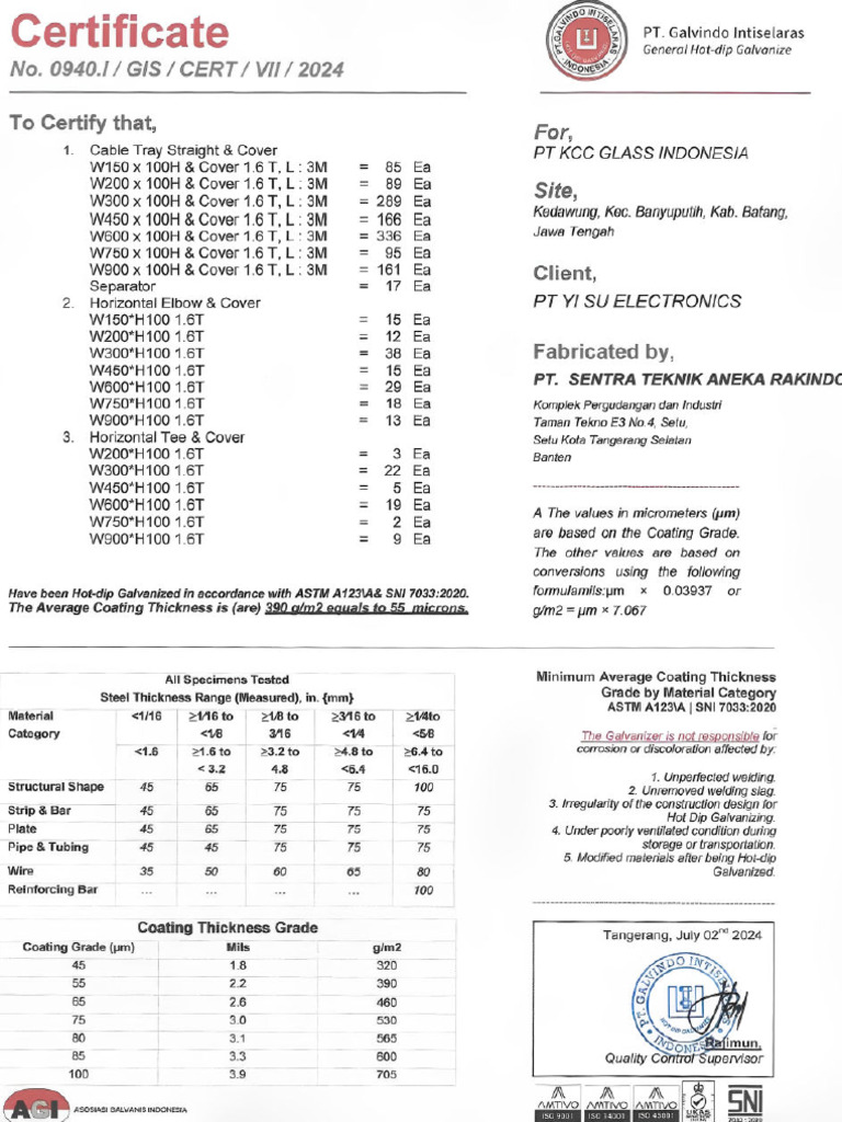 Sertifikat Galvanize Pt. Kcc Glass Indonesia Spk2402116 | PDF