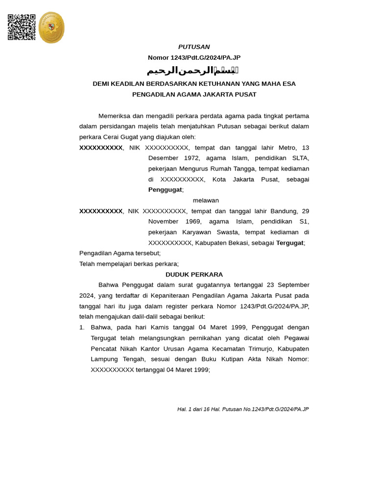 Putusan Cerai Gugat PA Jakarta Pusat | PDF