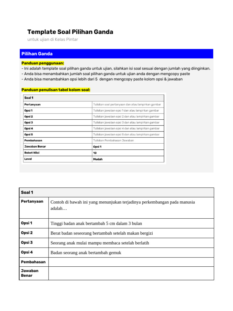 Template Soal Pilihan Ganda (1) | PDF