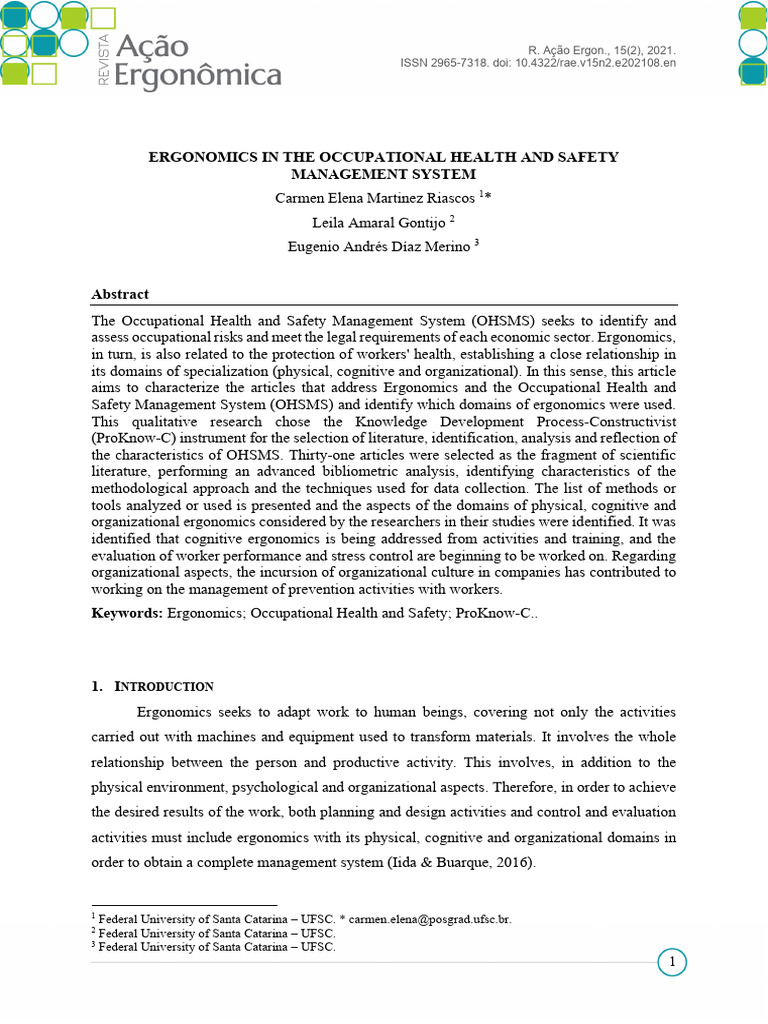 Ergonomics in OHS Management Systems | PDF | Human Factors And Ergonomics | Methodology