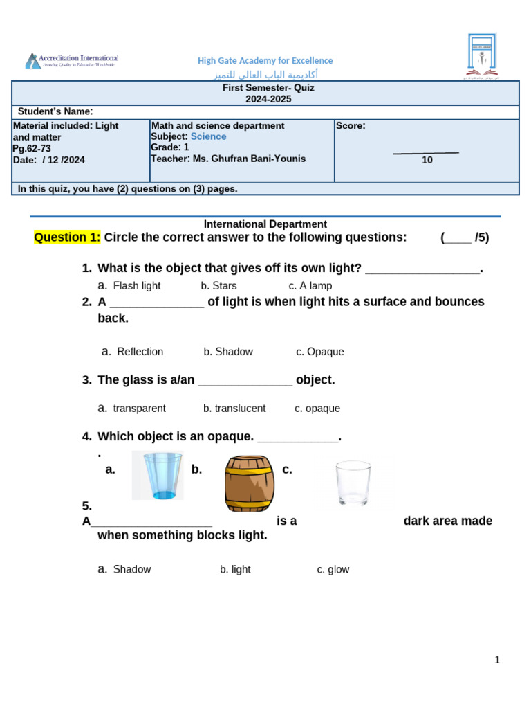 Grade 1 Science Quiz on Light | PDF