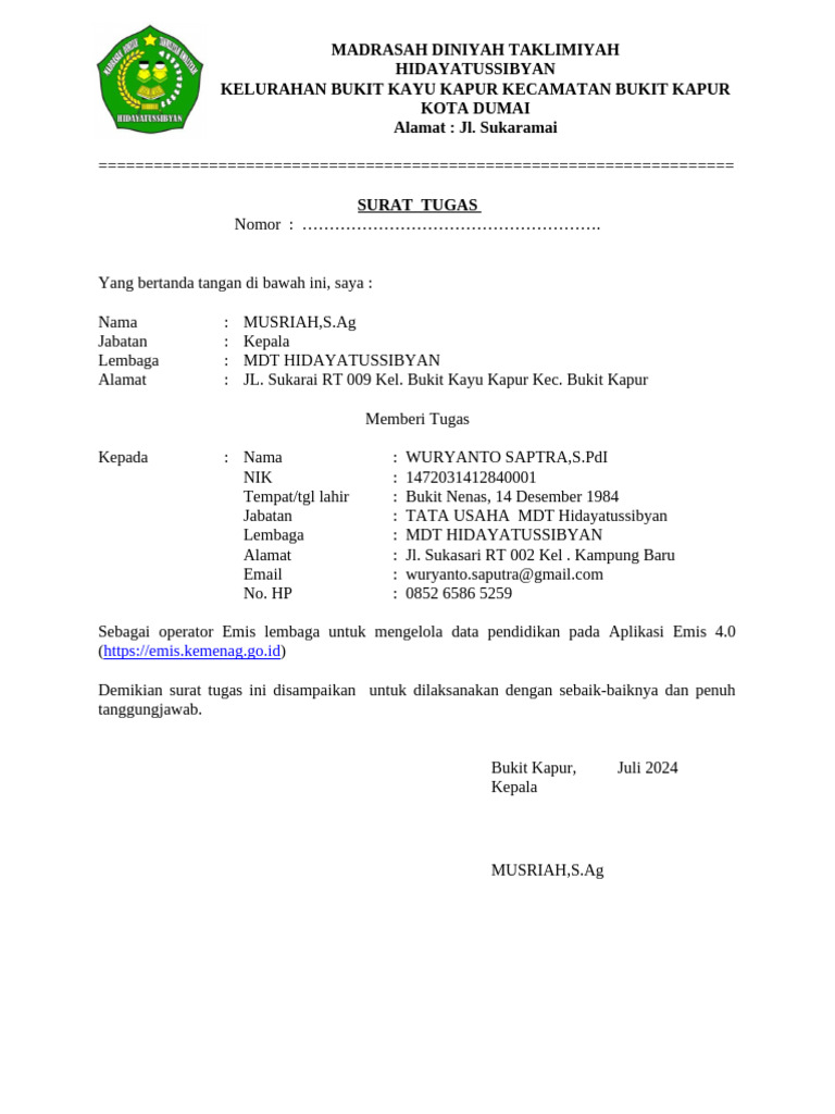 Surat Tugas Operator MDT | PDF