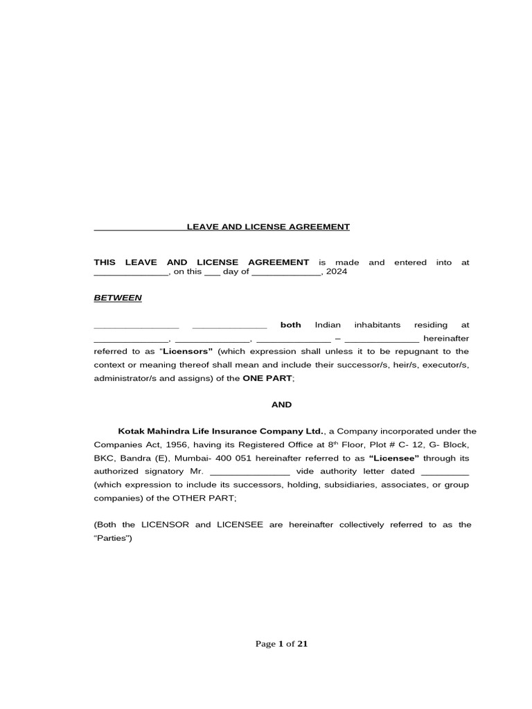 Standard Draft of Leave and Licence Agreement FY2024 | PDF | License ...