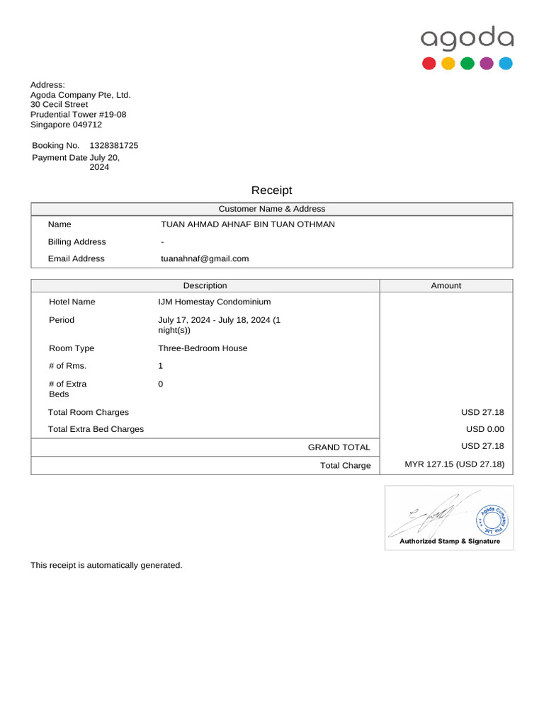 Agoda Booking Receipt July 2024 | PDF