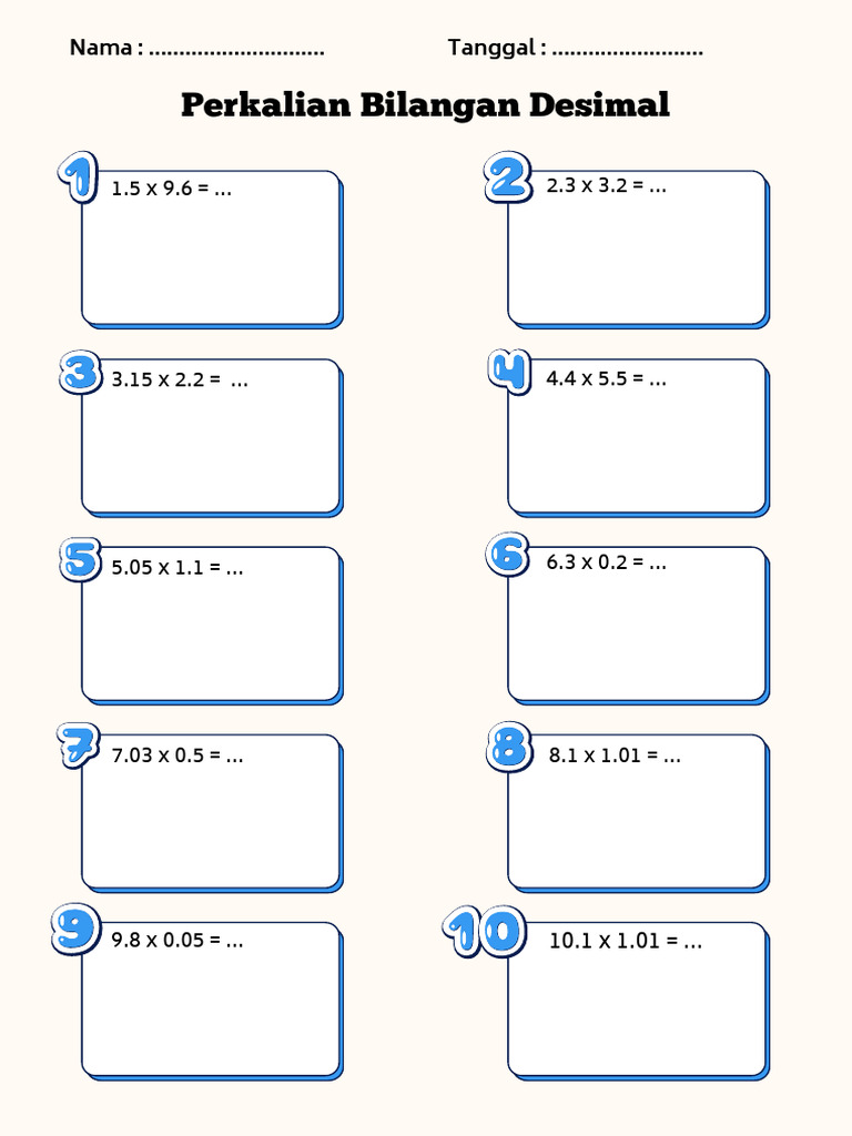 Perkalian Bilangan Desimal Lembar Kerja Matematika Krem Biru Bergaris ...