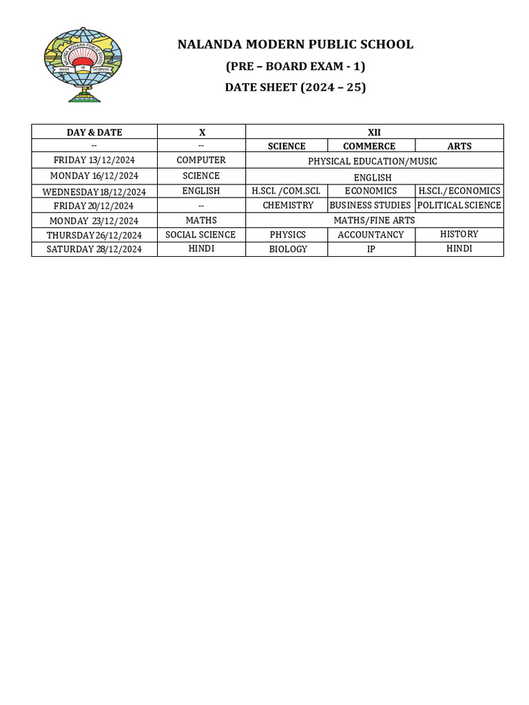 Nalanda Modern Public School: (Pre - Board Exam - 1) DATE SHEET (2024 - 25) | PDF