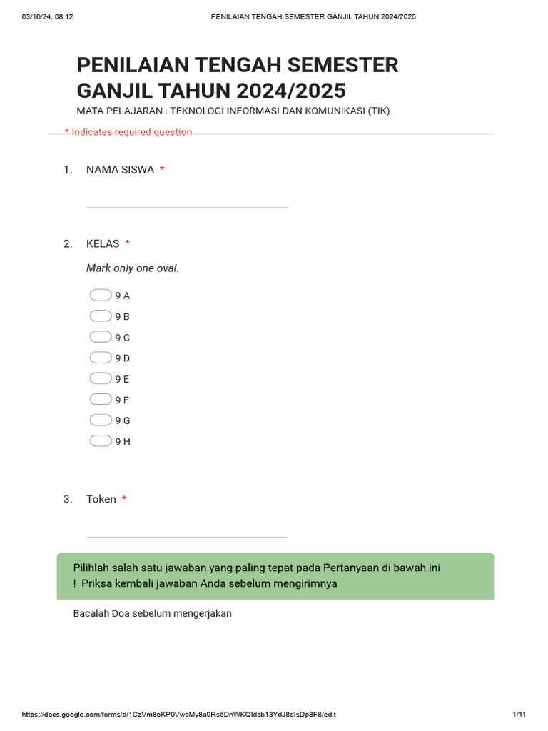 SOAL PTS GANJIL KLS 9 TAHUN 2024 - 2025 - Google Forms | PDF