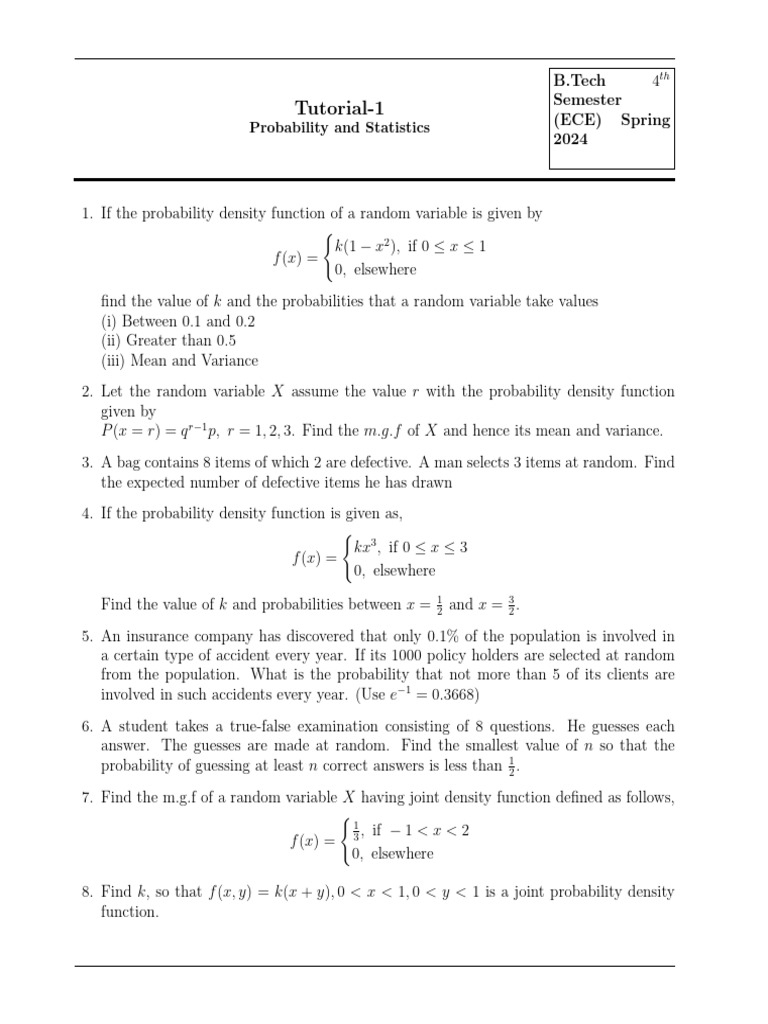 Tutorial-1 ECE 4th Sem | PDF | Probability Density Function | Random Variable