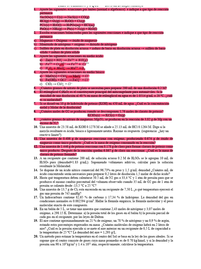 Taller 3 QG1 2020 | PDF | Gases | Concentración