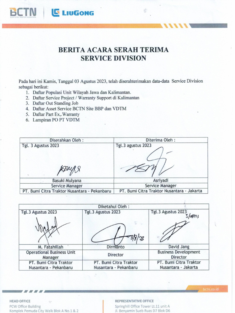 Ba Serah Terima Divisi Service | PDF