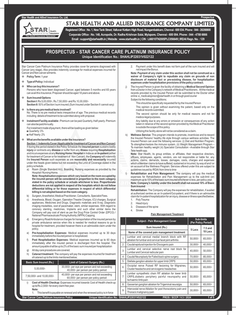Star Cancer Care Platinum Policy Overview | PDF | Insurance | Hospital