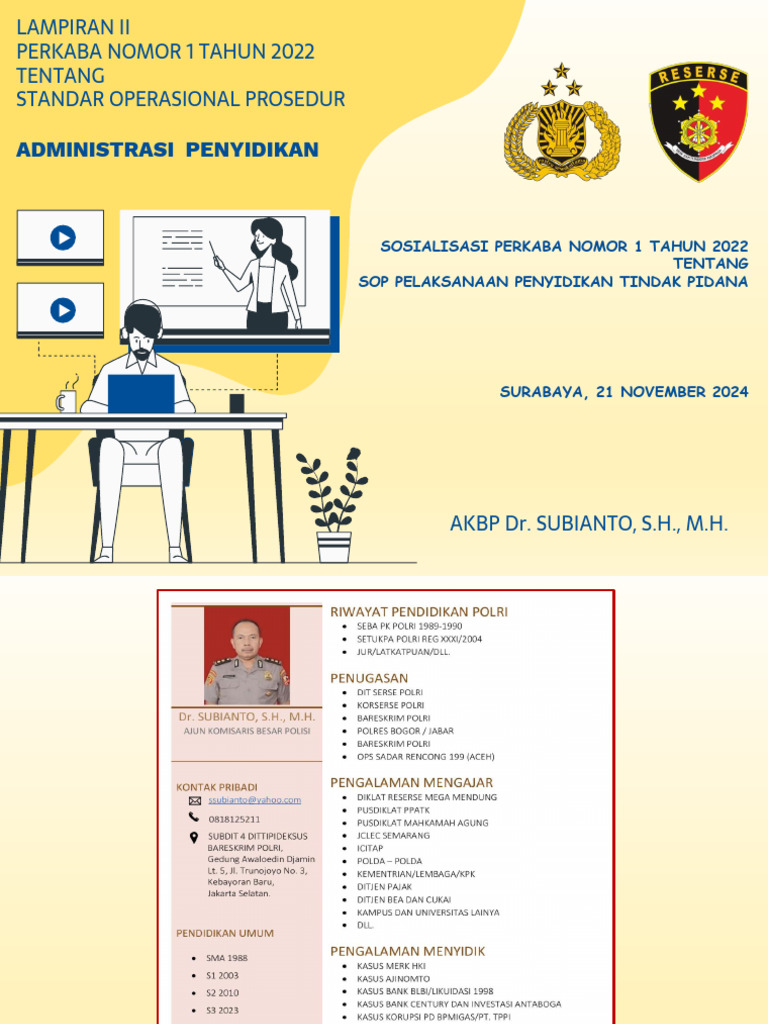 Perkaba Nomor 1 Tahun 2022 Lampiran II Mindik 21 November 2024 Surabaya Akbp Dr. Subianto, S.H ...