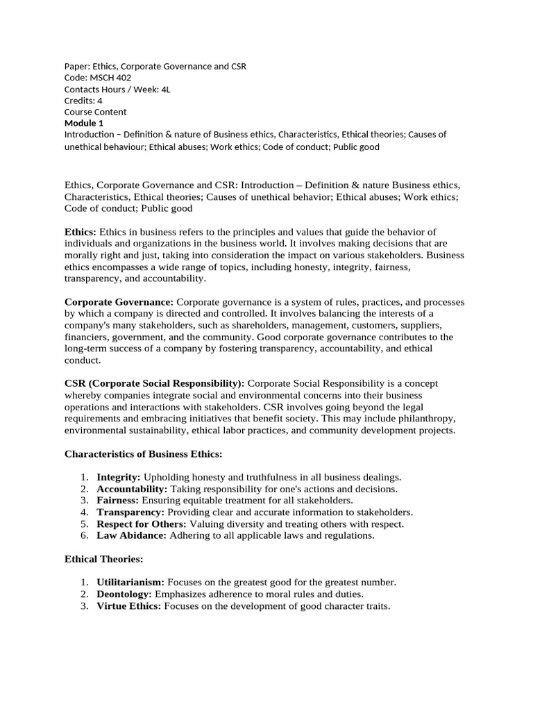 Ethics in Corporate Governance & CSR | PDF | Corporate Social ...