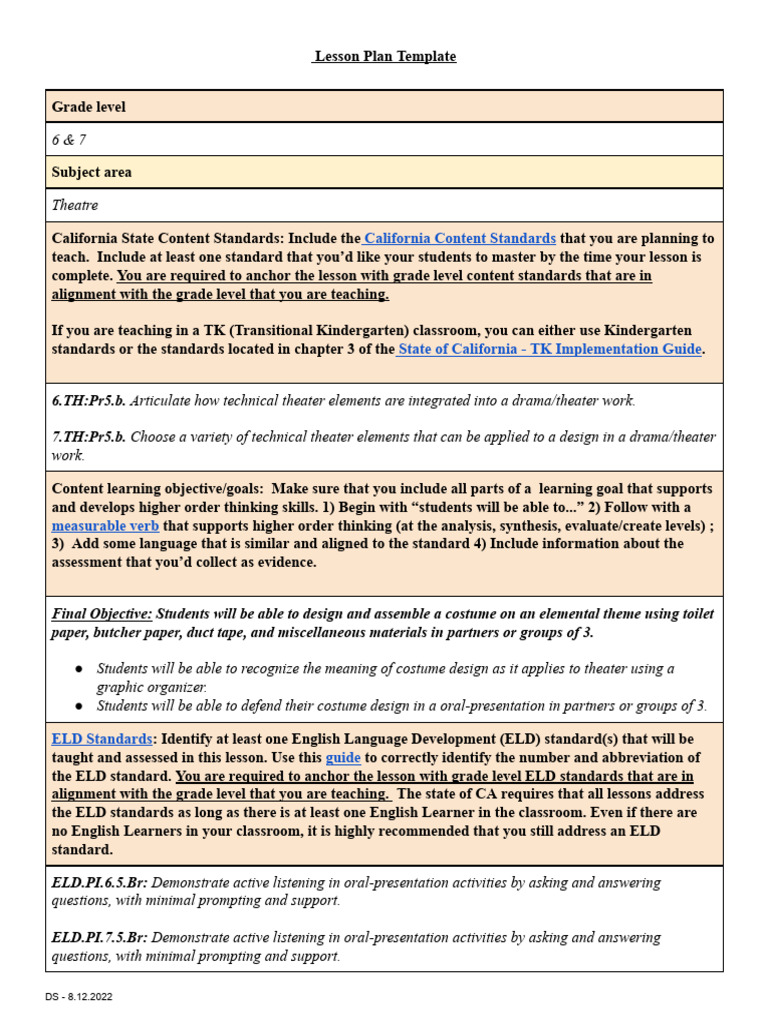 CalTPA 1 - Lesson Plan - Katherine Arevalo | PDF | Educational ...